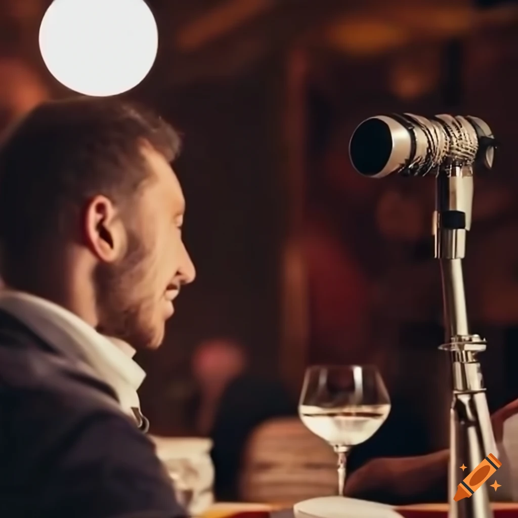 Man with a microphone at a restaurant with his date on Craiyon