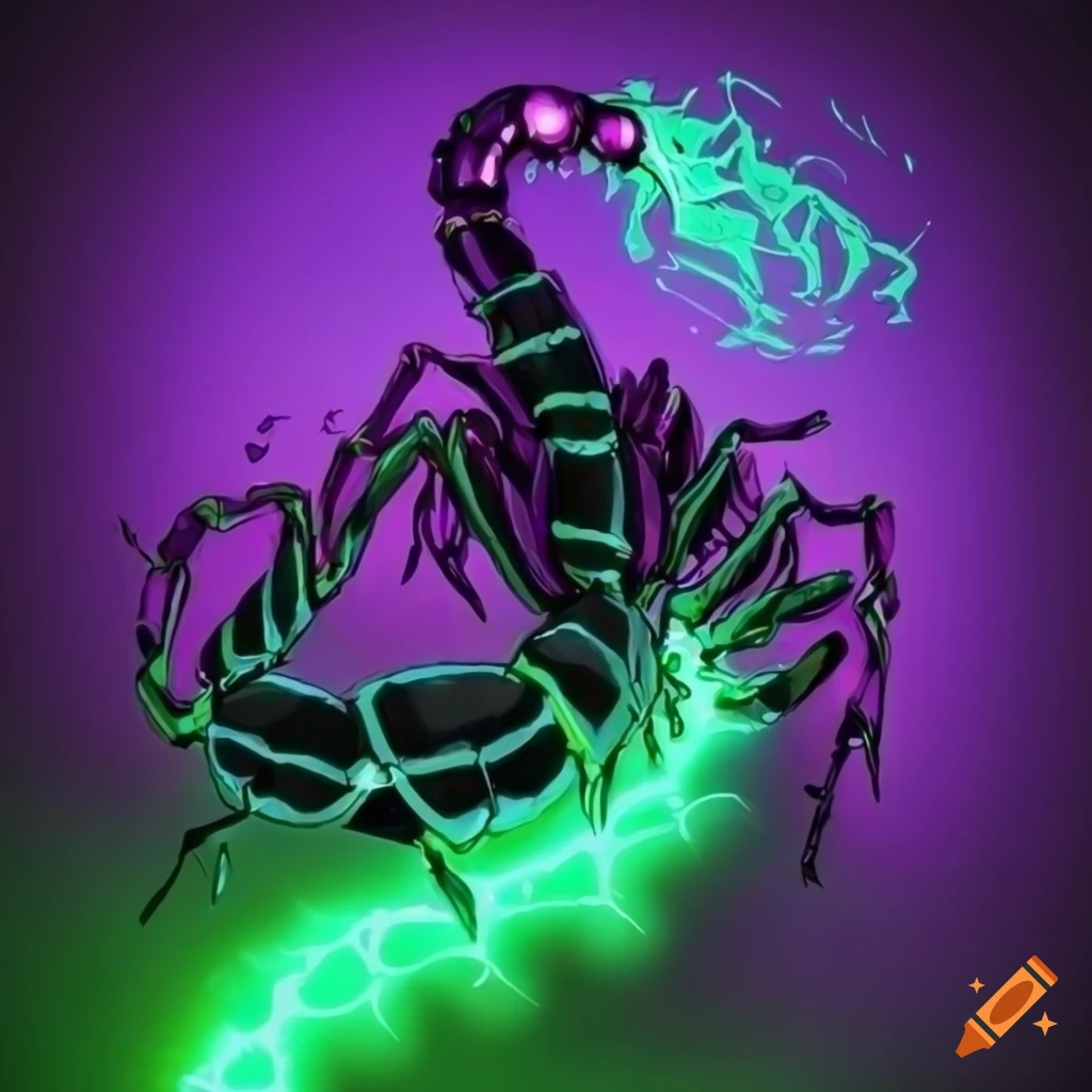 Neon purple and green scorpion in anime art style on a dark background ...