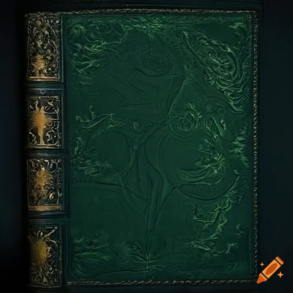 Intricately embossed dark green and black leather book cover with epic ...