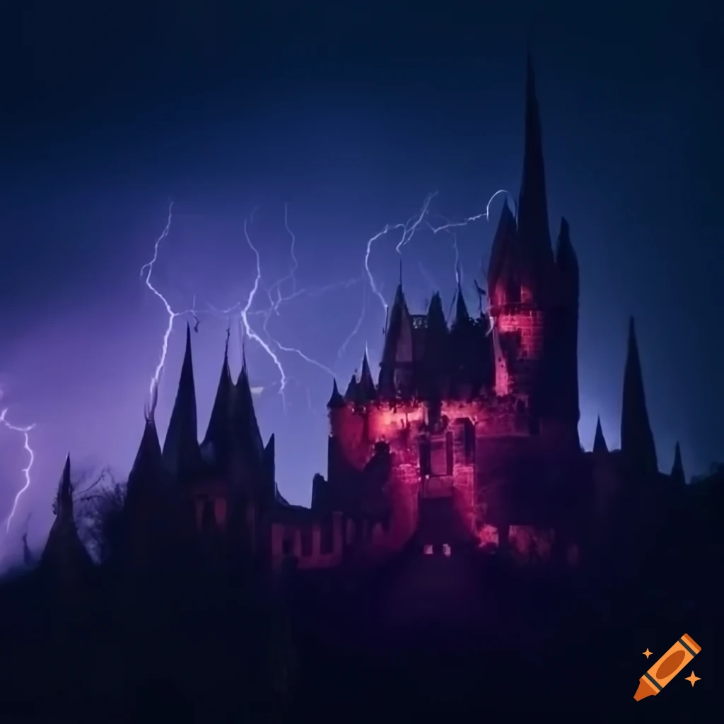 Castle in a thunderstorm with lightning in the night forest with bats ...