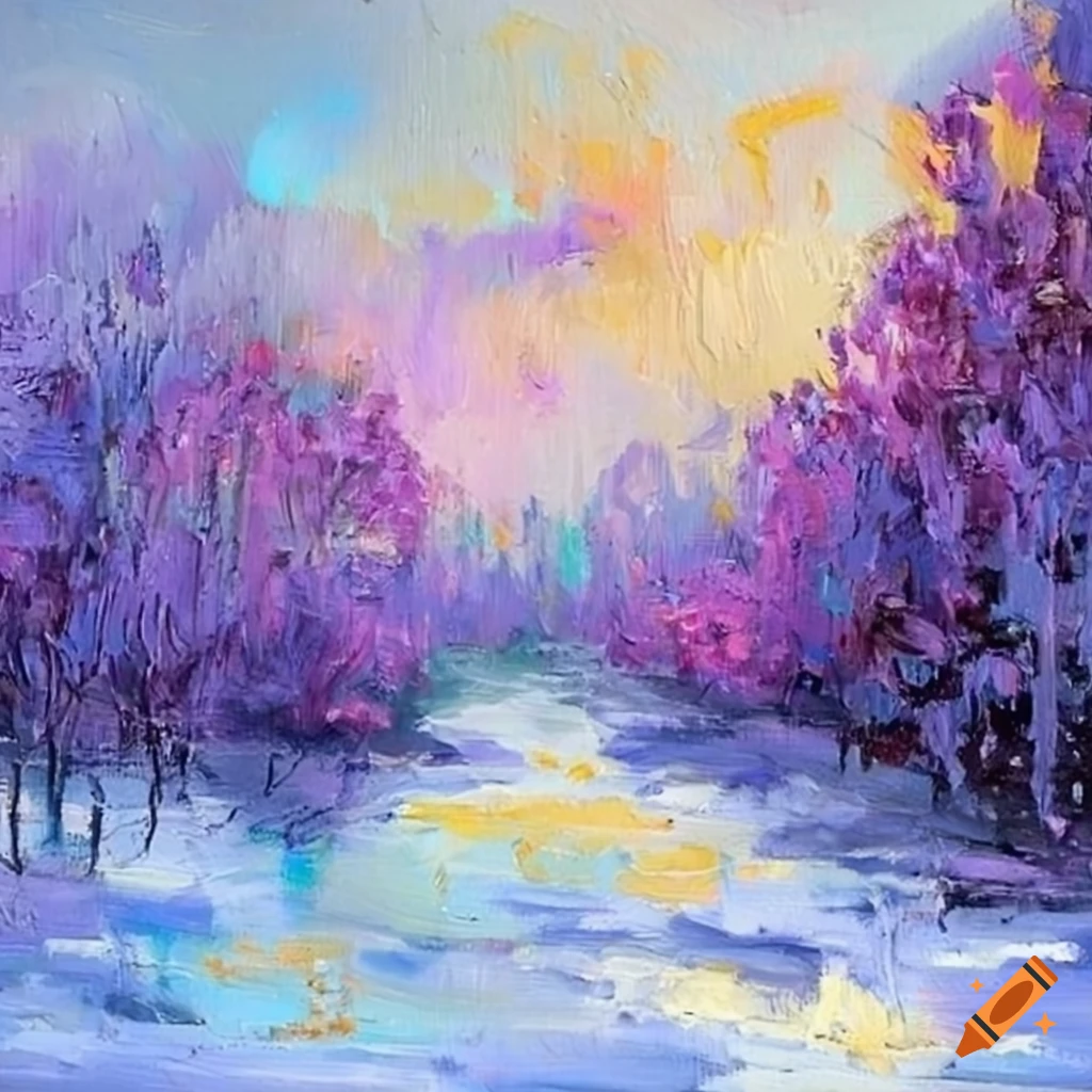 Abstract impressionism painting of a wintry lilac landscape on Craiyon