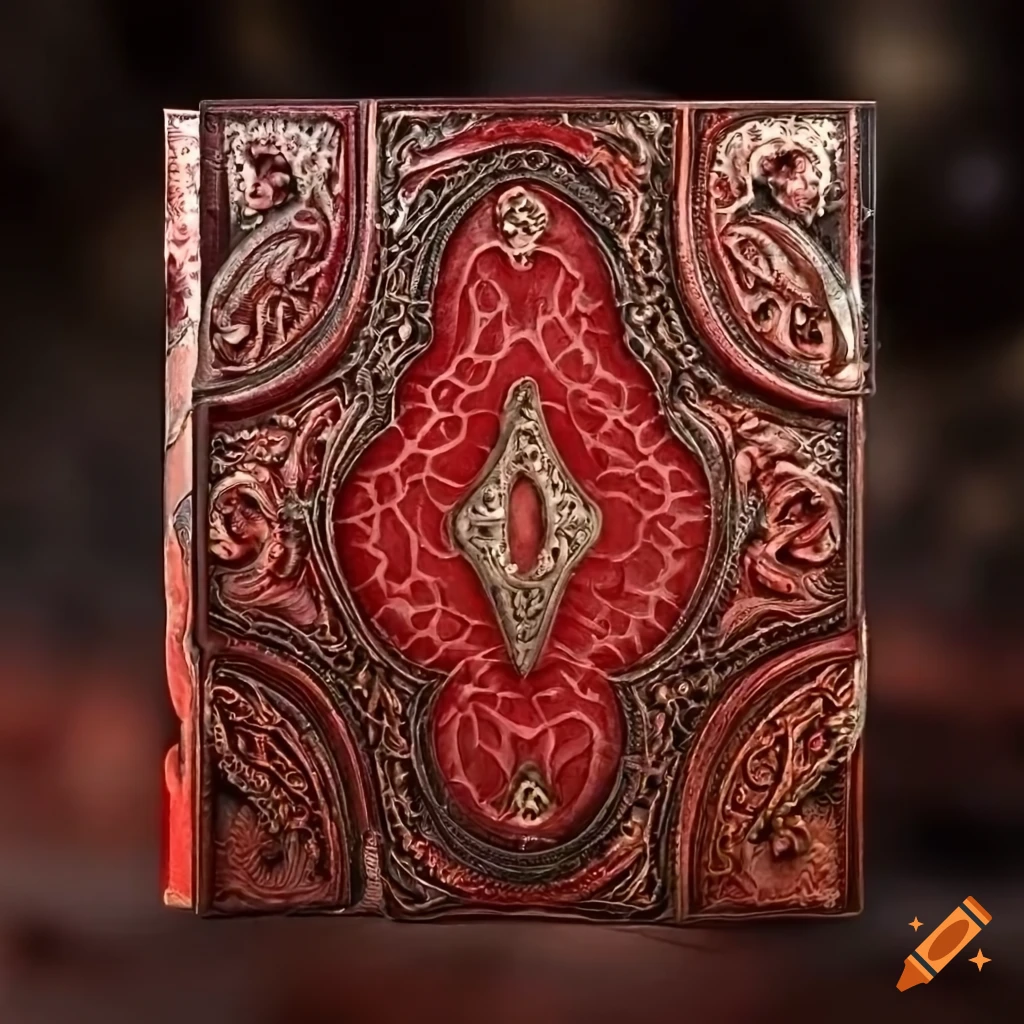 Decorated red magical tome with fictional creature illustrations on Craiyon