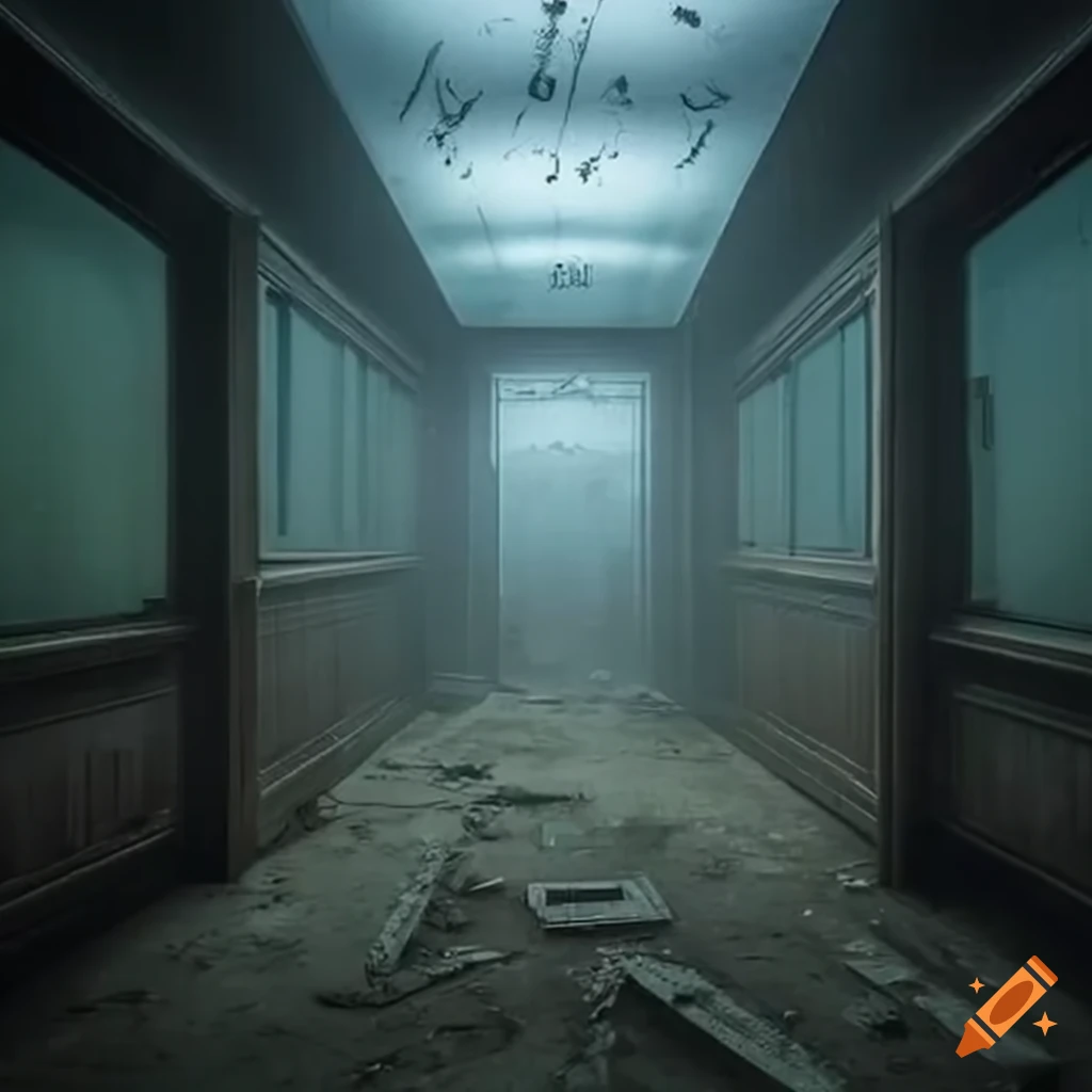 Endlessly long abandoned liminal office in golden fog on Craiyon