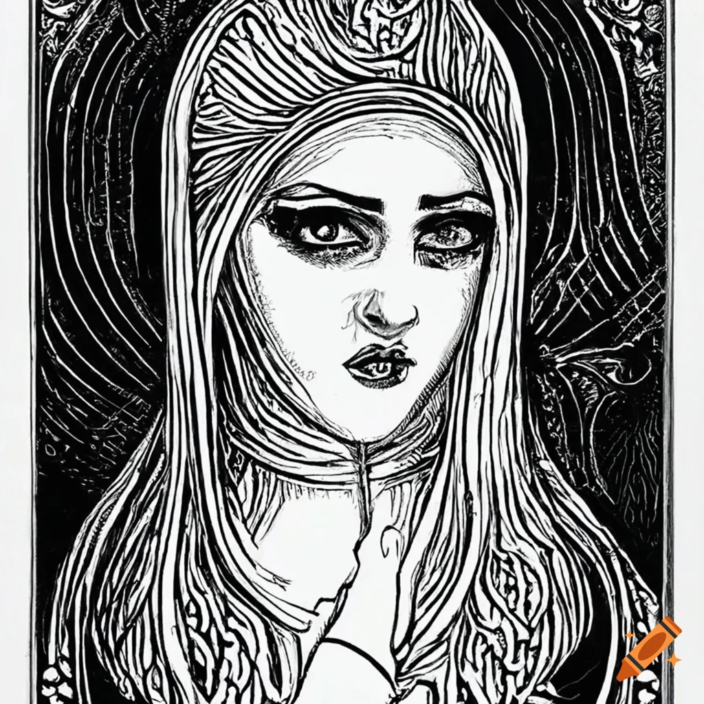 Modern tarot card featuring a powerful woman in a linear drawing on Craiyon