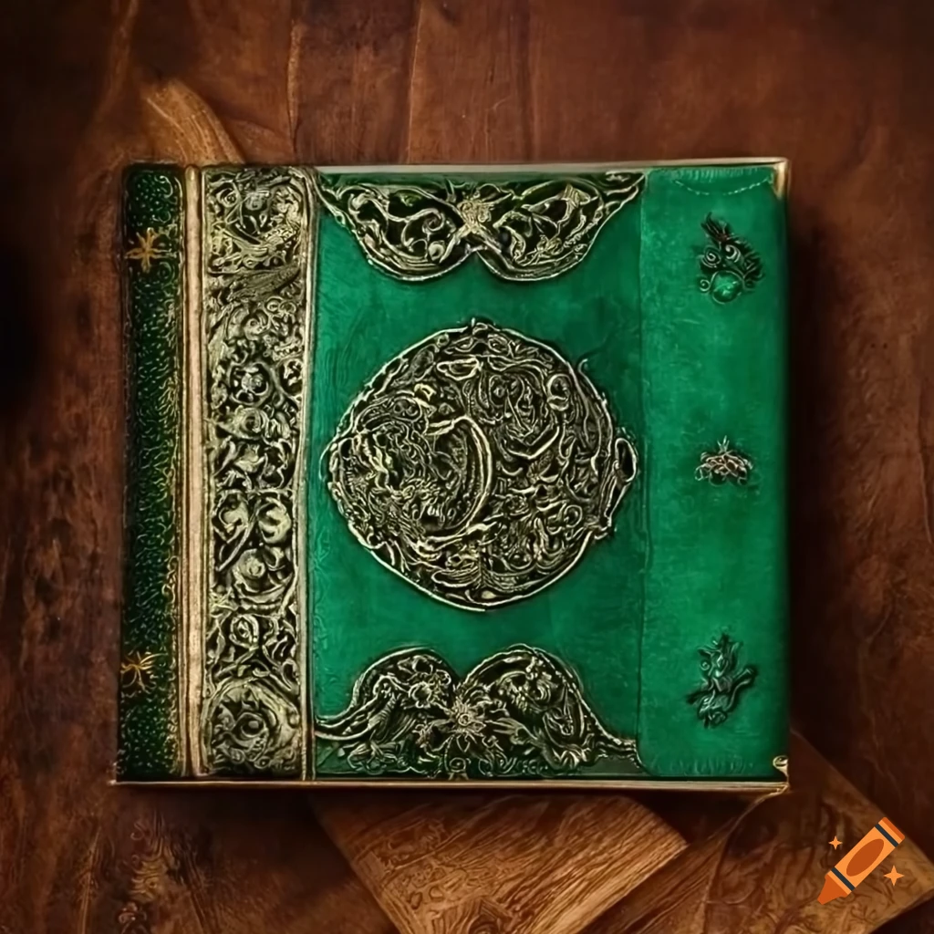 Intricately decorated green magical tome with fictional creature ...