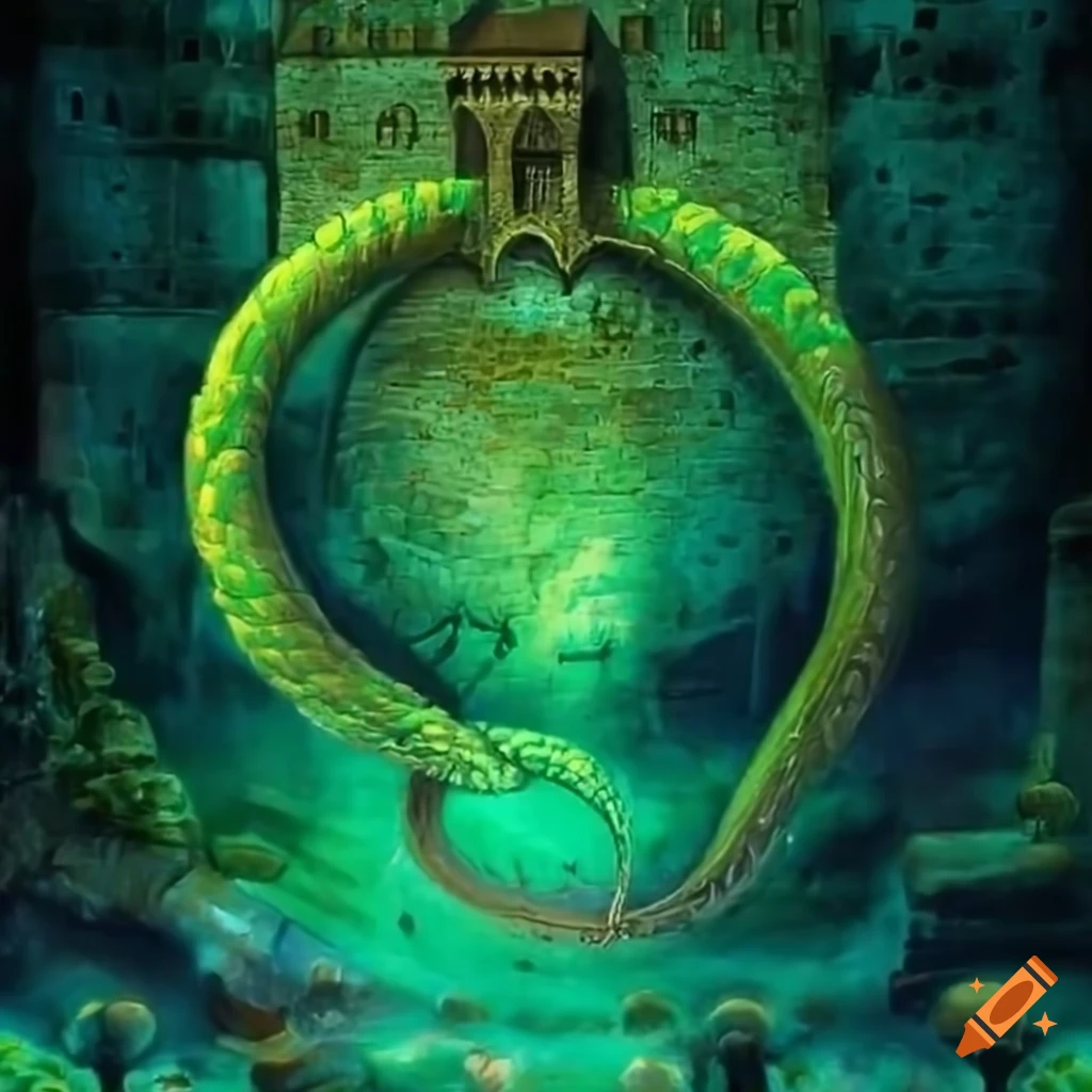 Giant green ouroboros engulfing the medieval towers of San Gimignano in a fantasy painting on ...