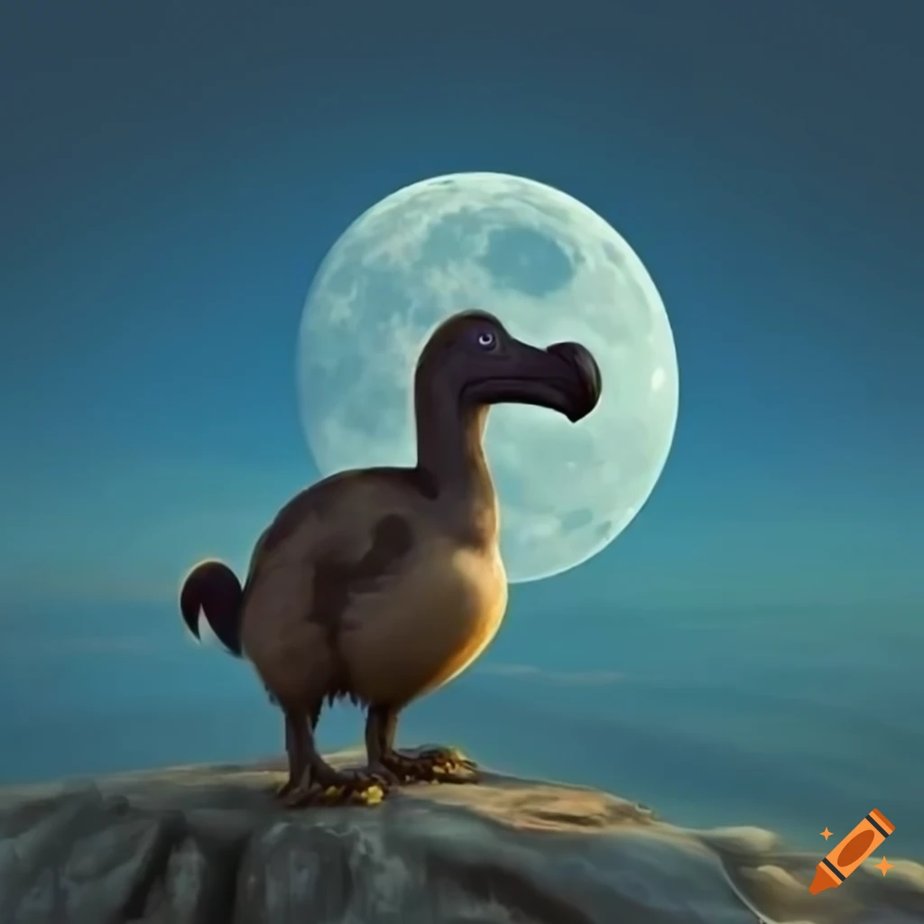Dodo bird standing at the edge of a cliff above the sea under a waxing ...
