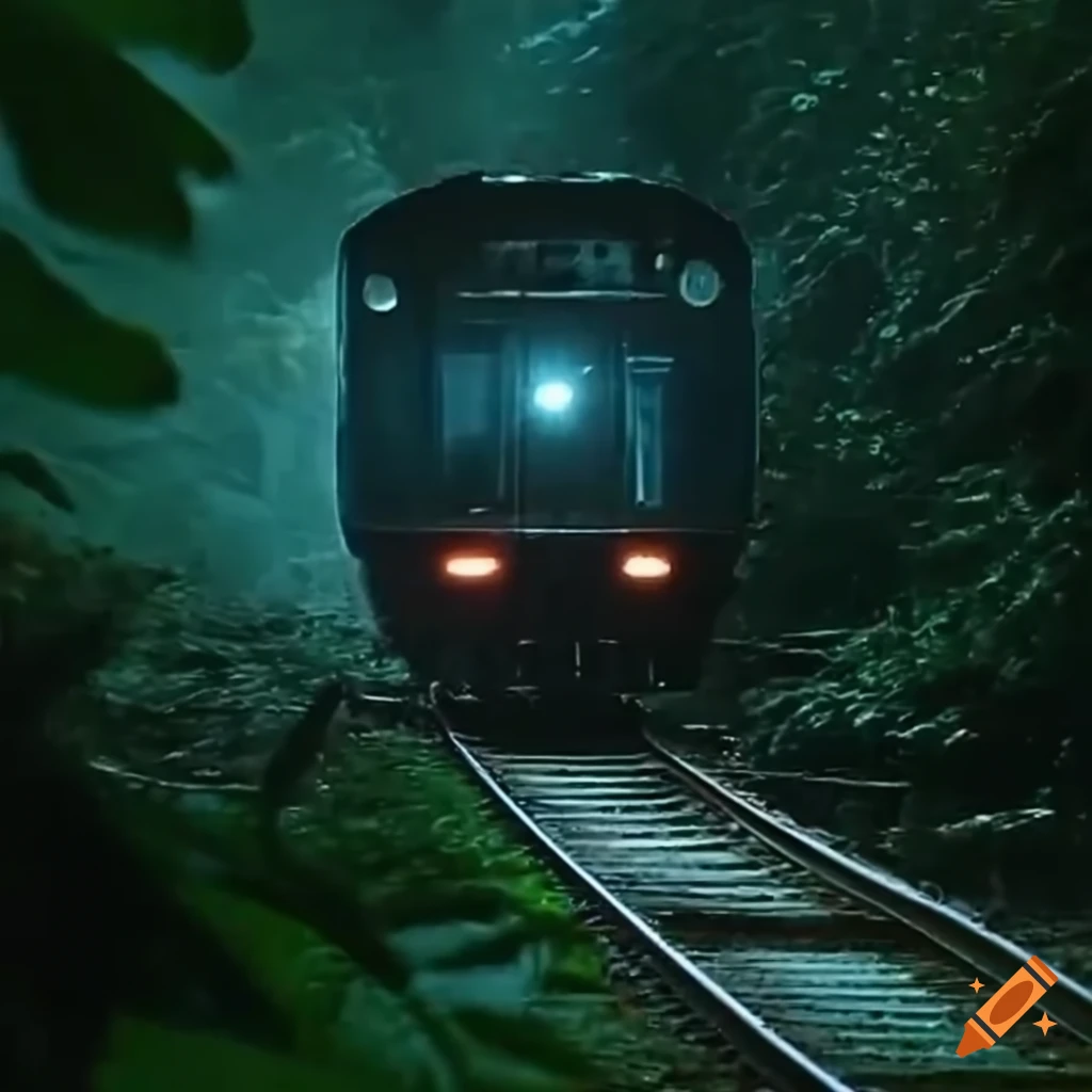 Train in the jungle with a blade runner style atmosphere on Craiyon