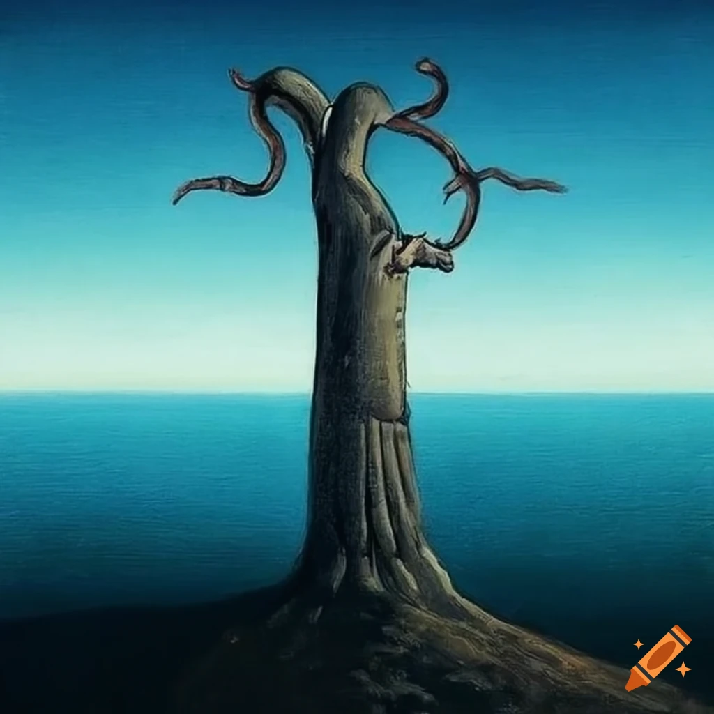 Rene magritte's artwork of flying horse trees with twisting branches on ...