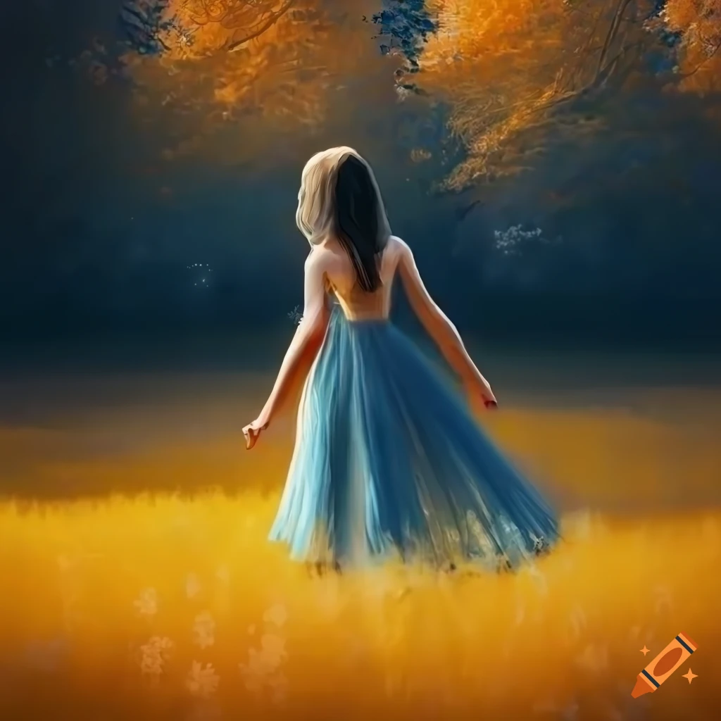Girl walking through an ethereal field with majestic sweeping seascapes ...