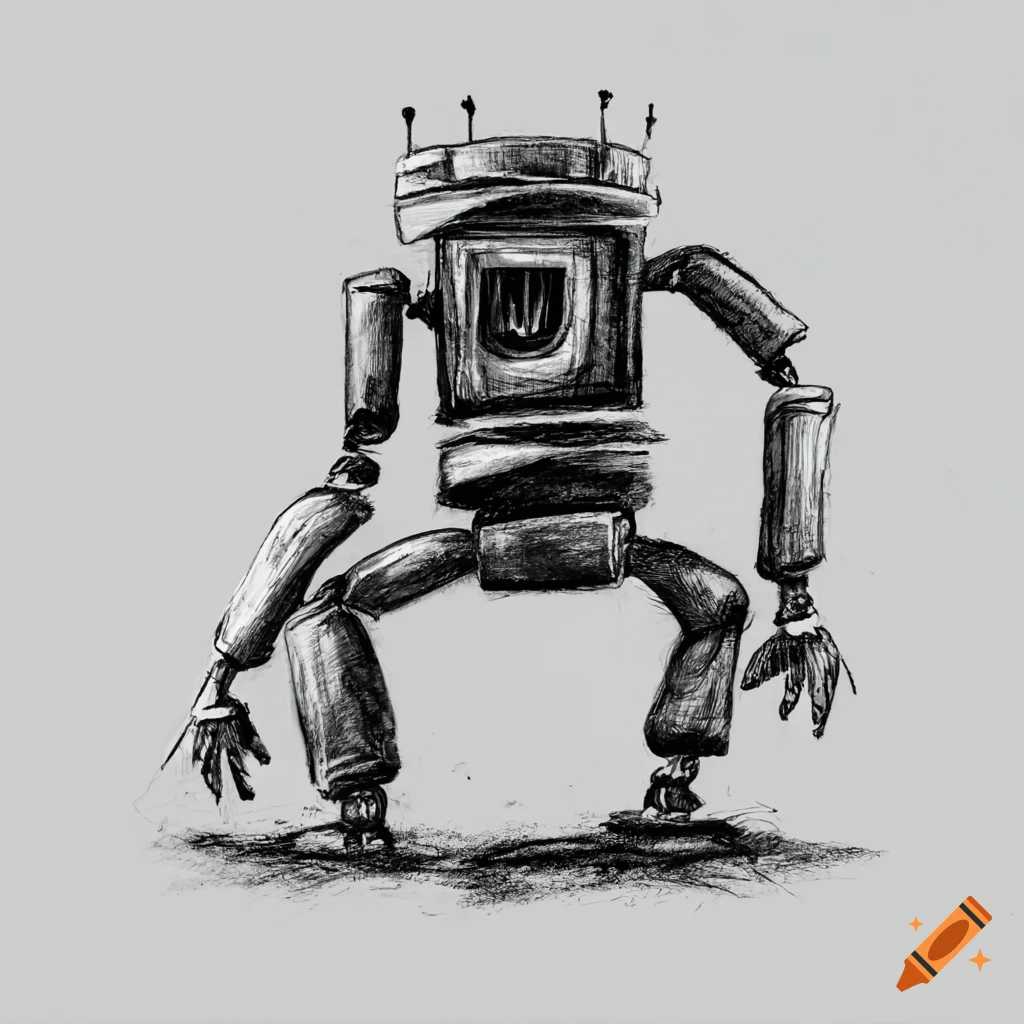 Dysfunctional dystopian robot in charcoal on white background on Craiyon