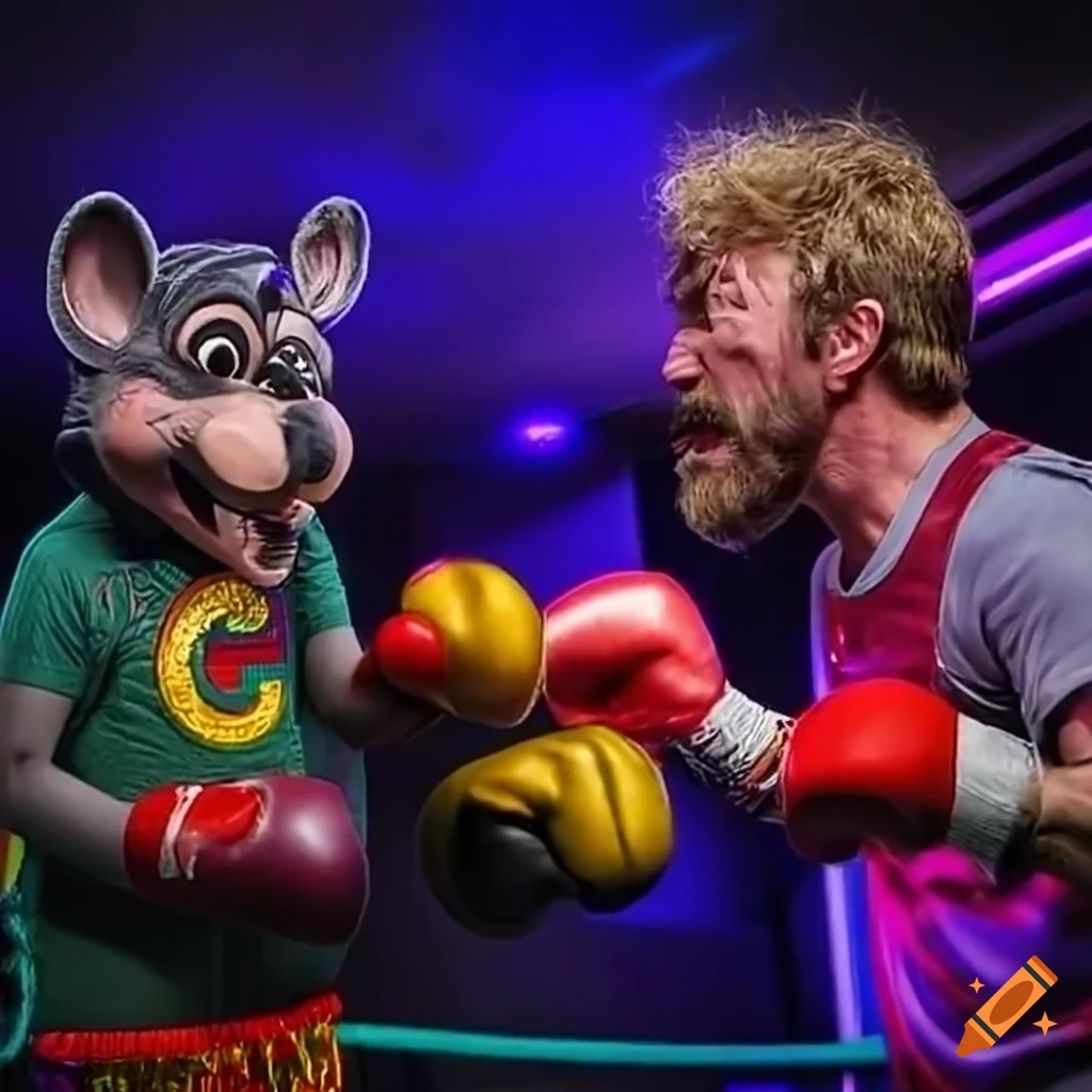 Chuck e cheese versus chuck norris in a cyberpunk boxing match on Craiyon
