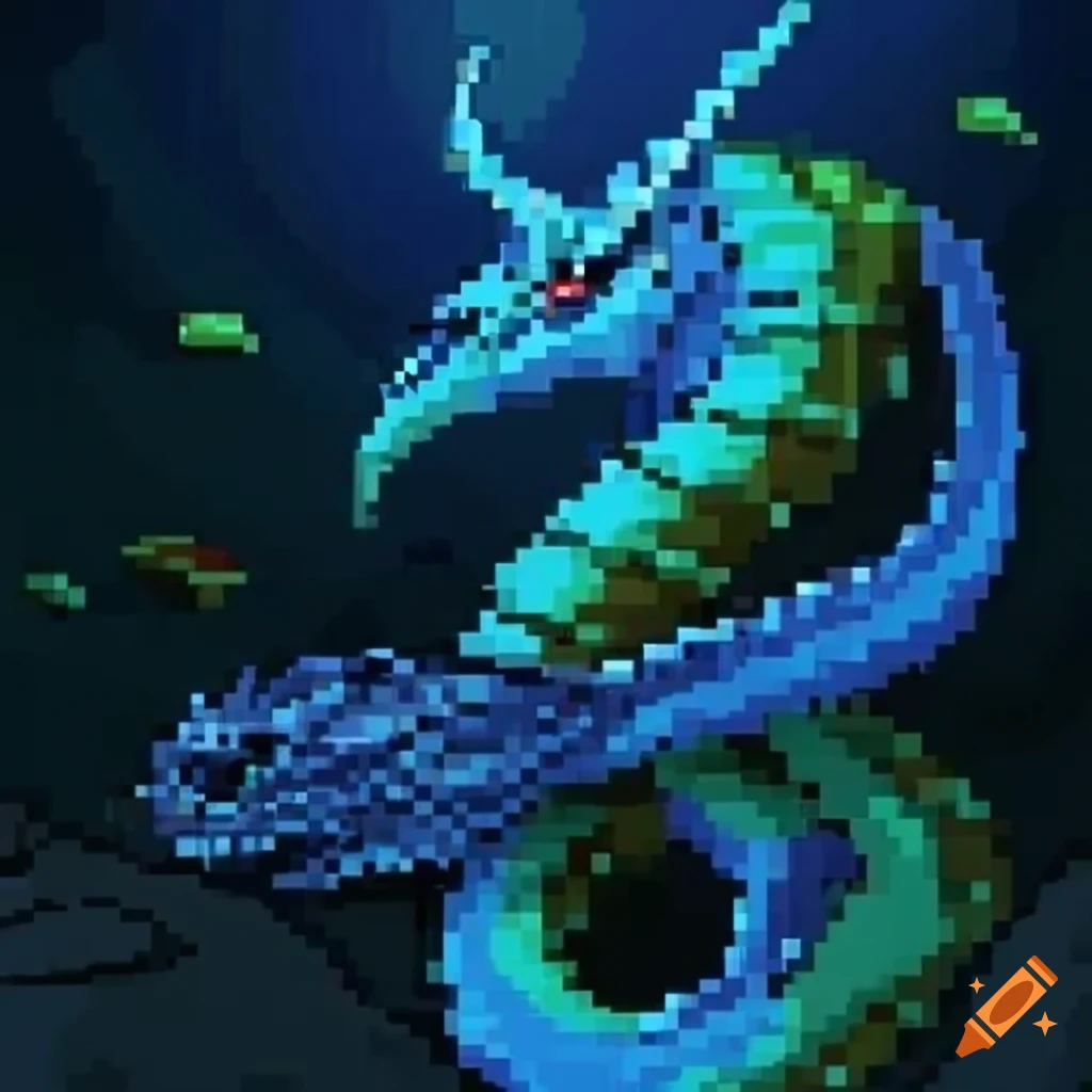 Pixel art of a blue serpent beaked dragon on Craiyon