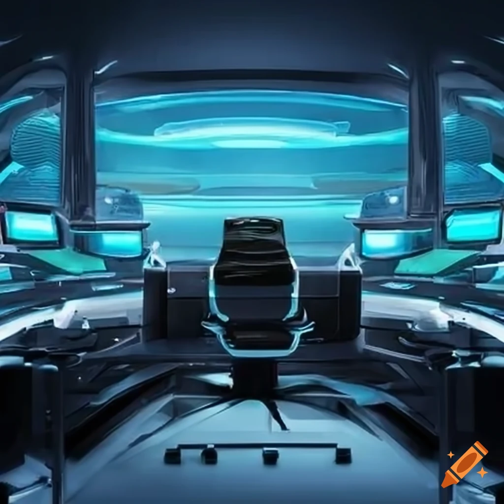 Futuristic office system control room with boss office chair on Craiyon