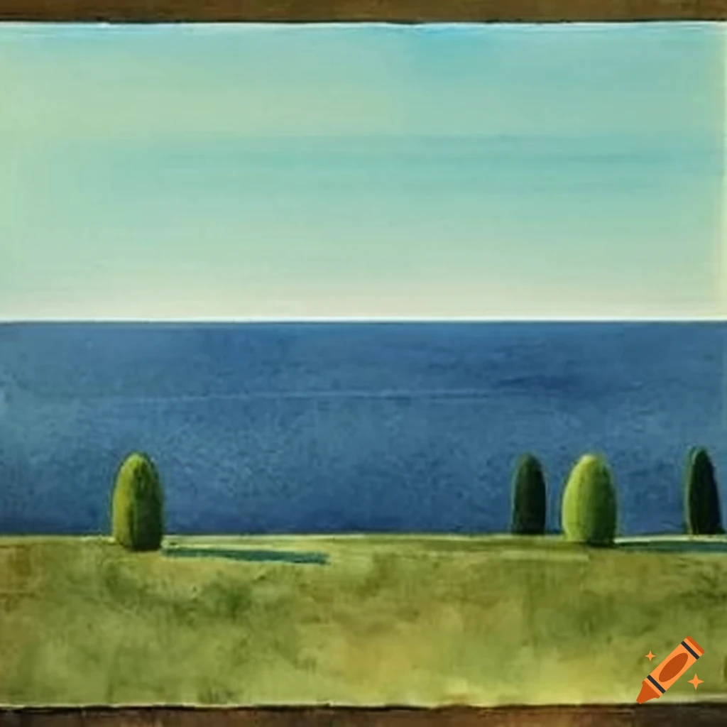 Watercolor landscape painting by rené magritte on Craiyon