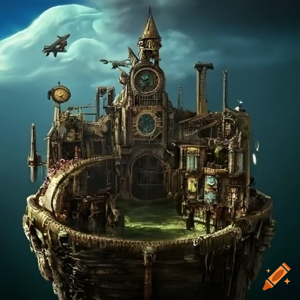 Steampunk sky islands in an apocalyptic setting on Craiyon