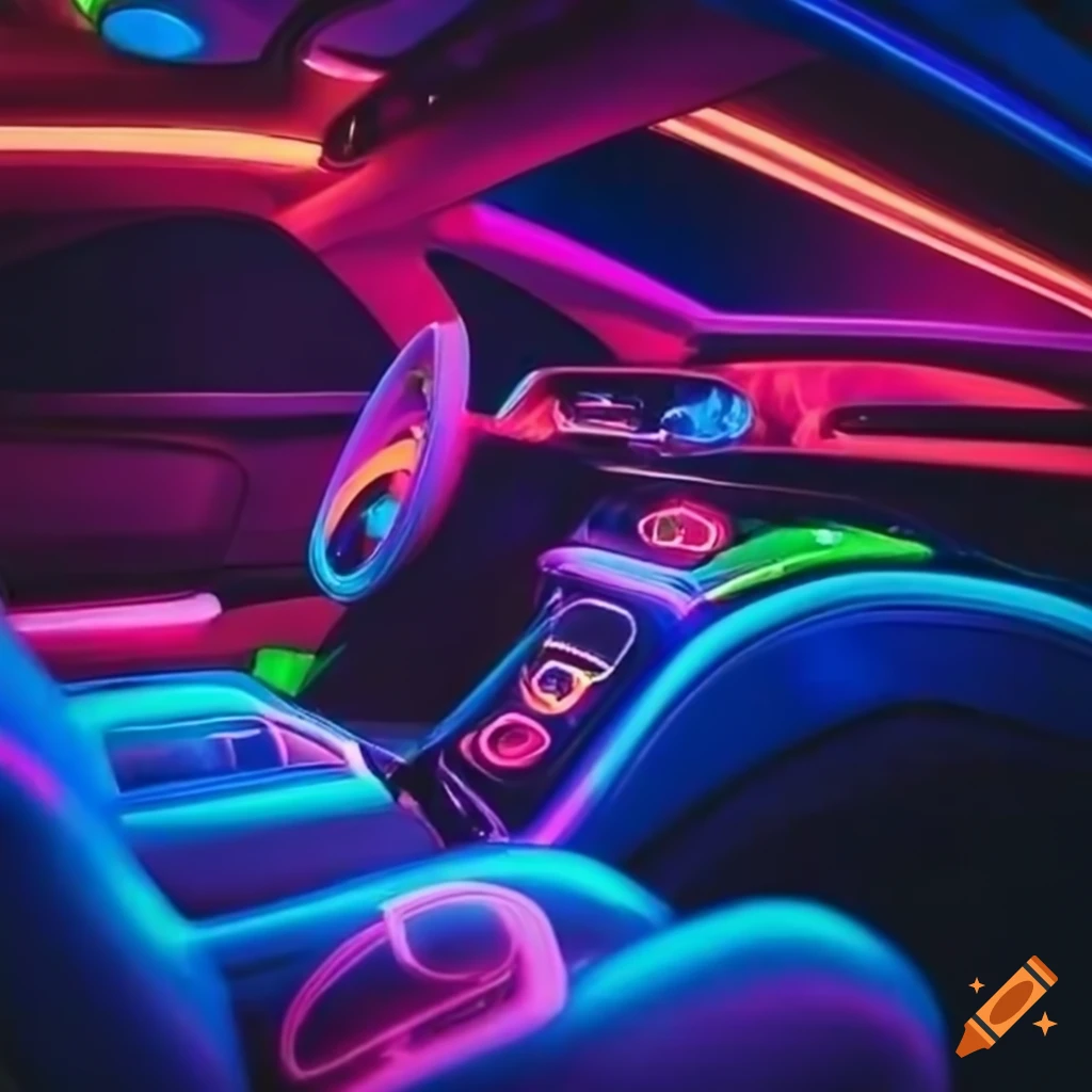 Colorful neon-lit car interior on Craiyon