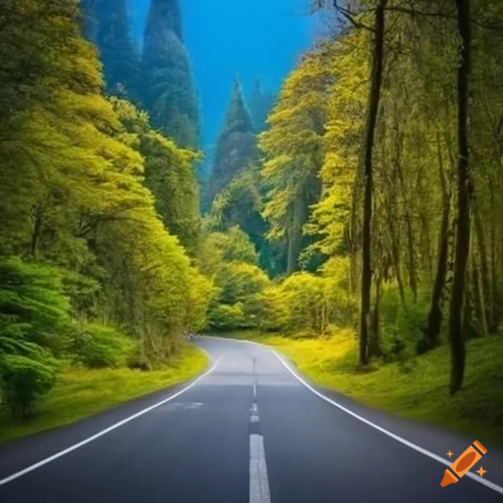 Long road among trees with light green tone and pastel shades on Craiyon
