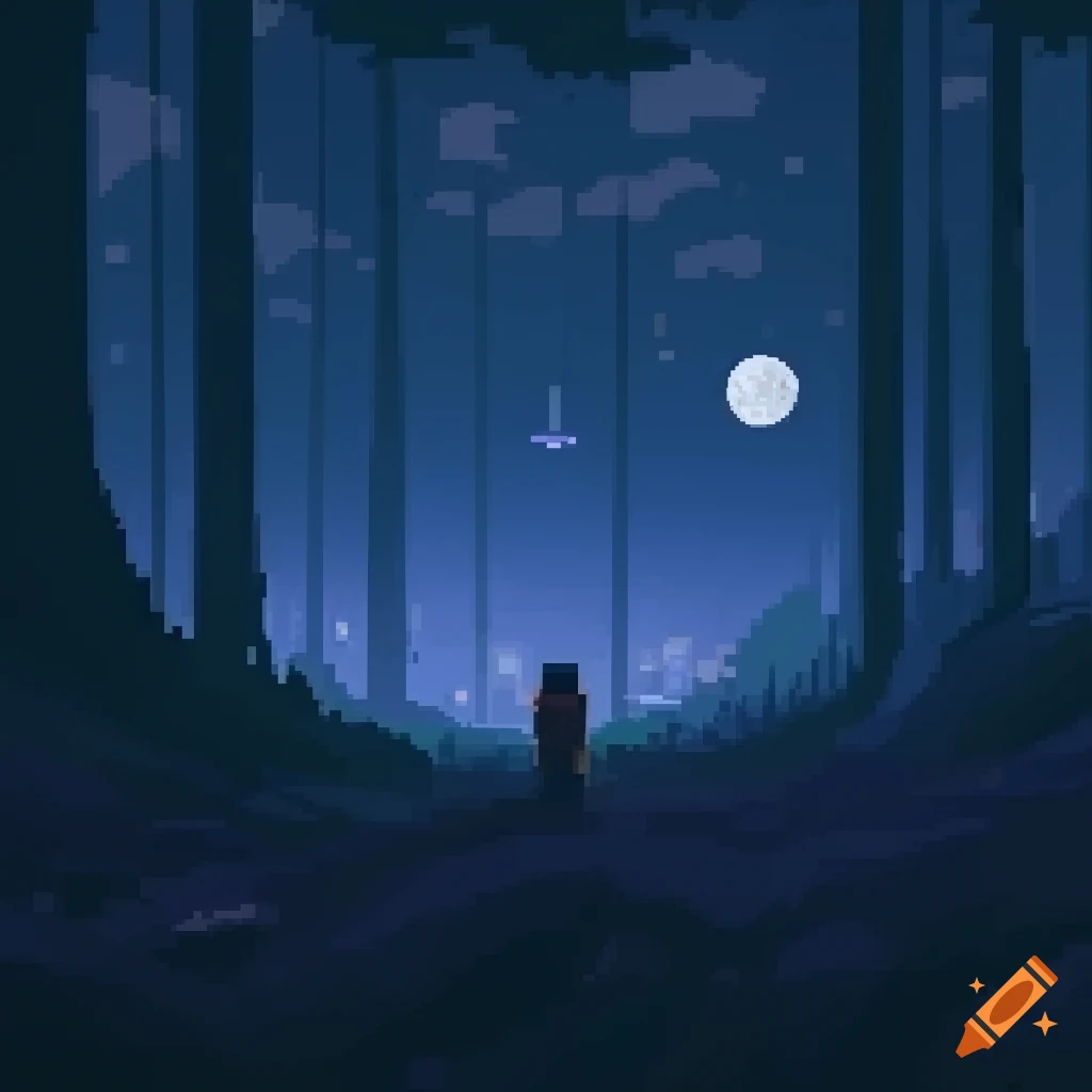 Pixel art wallpaper of a moon rising over a deep forest on Craiyon