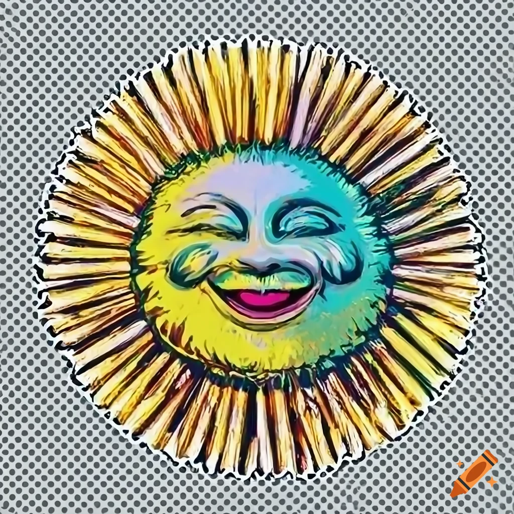 Classical smiling sun with rays in circle sticker pop art style on Craiyon