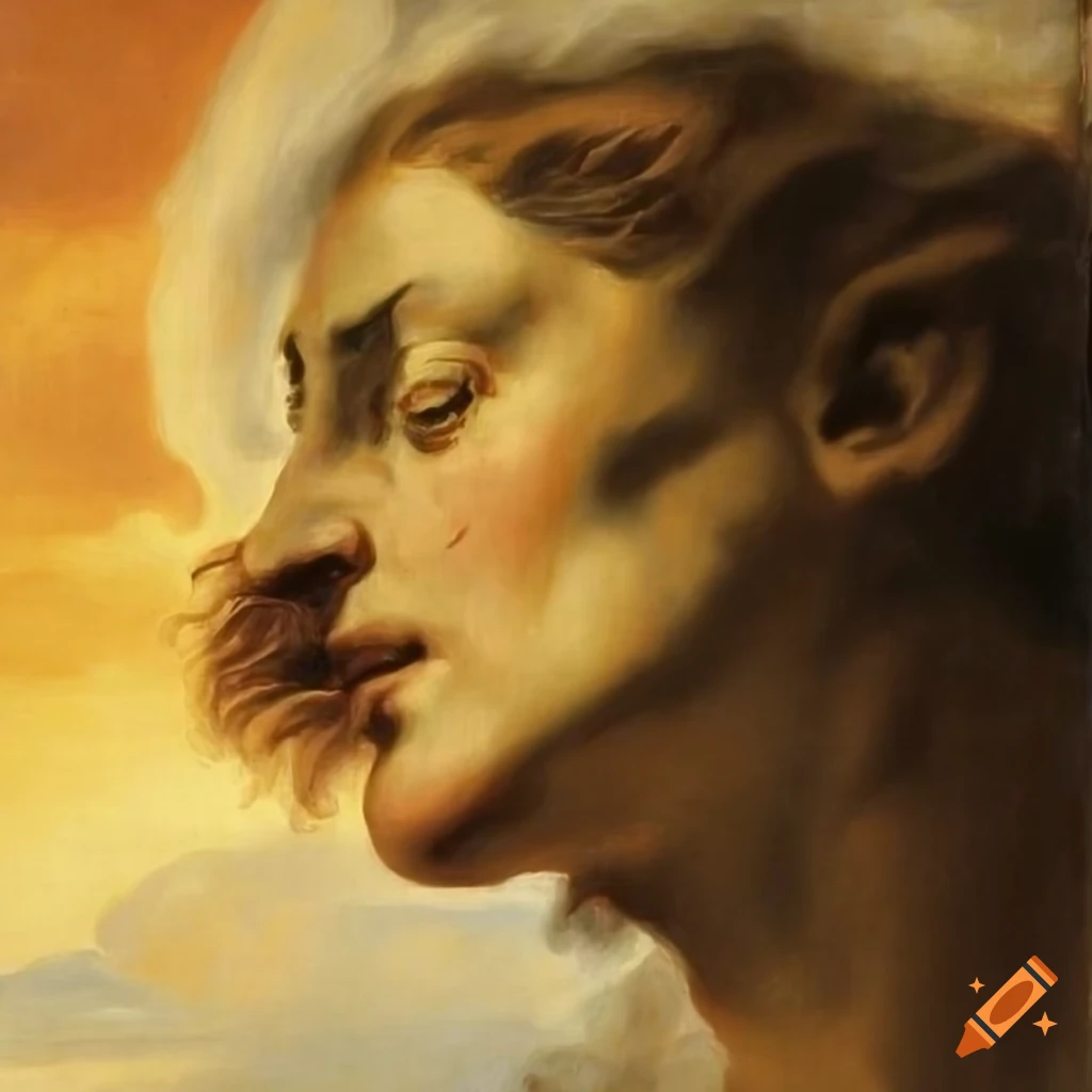 Classic painting with cliff, clouds, and sad statue with a tear on Craiyon