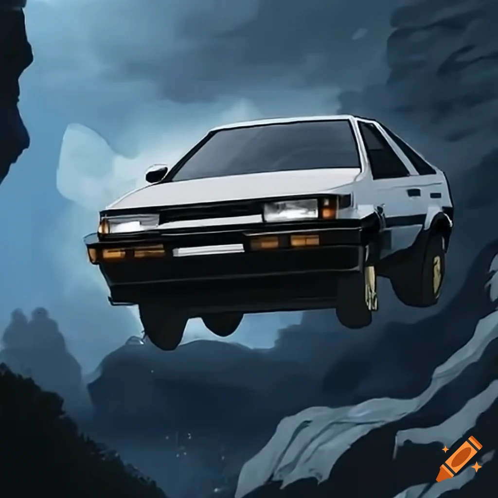 Toyota ae86 jumping and crashing off a cliff on Craiyon