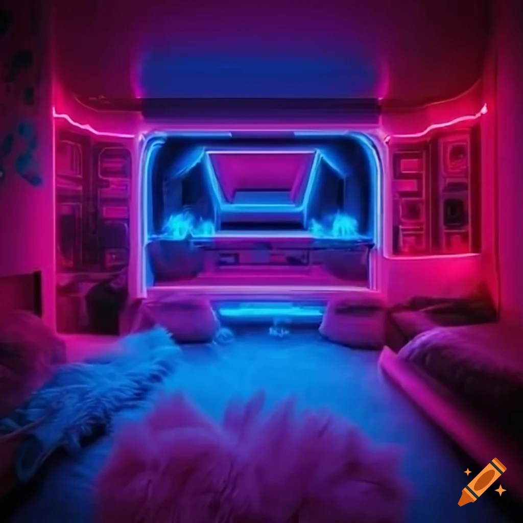 Neon sci-fi bedroom interior with a fluffy fox on Craiyon