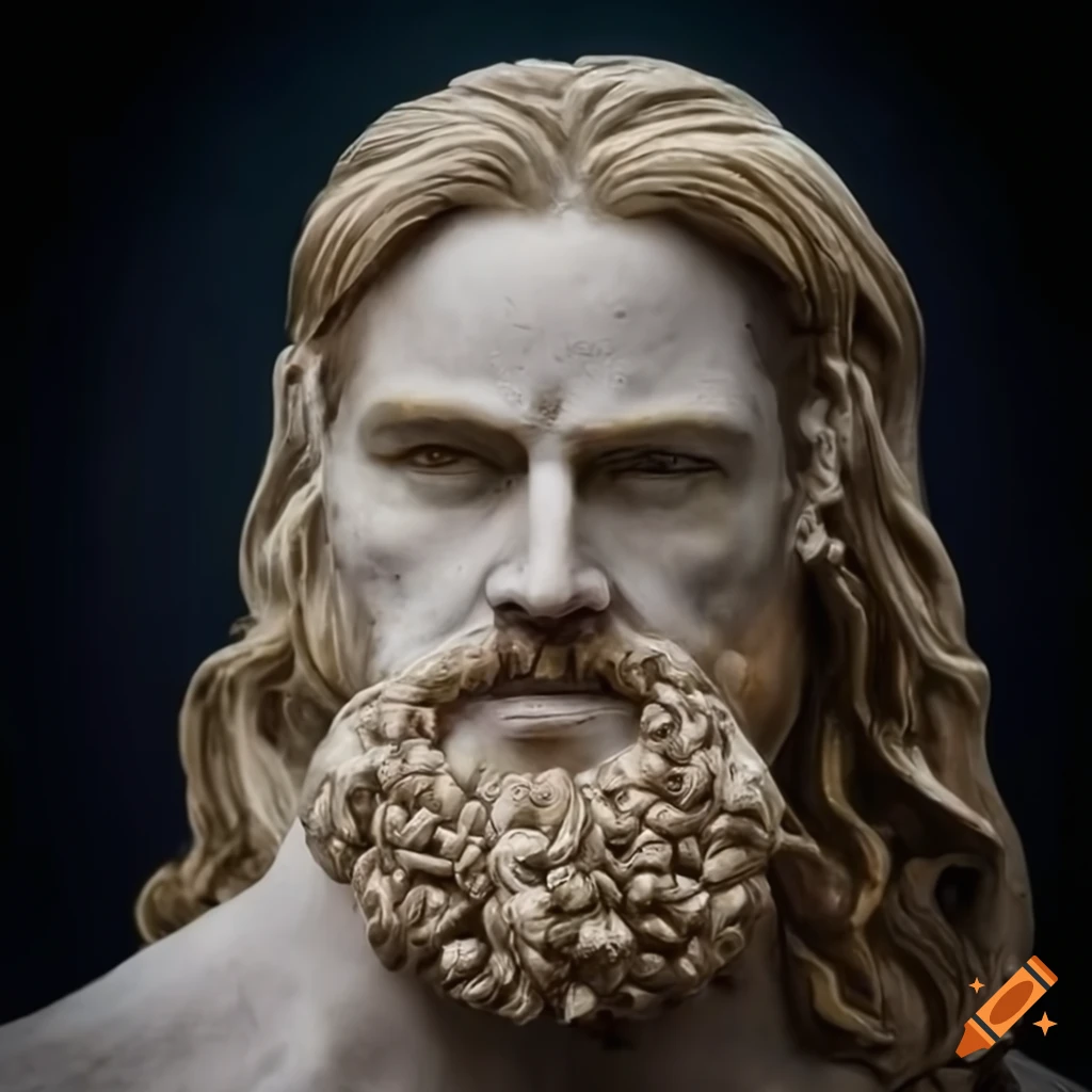 Close up of a realistic depiction of a greek-style sculpture of thor on Craiyon