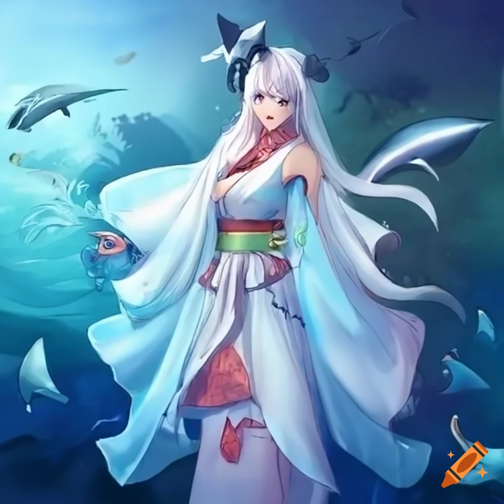 Japanese anime shark girl in a goddess dress with a fish-like priest in ...