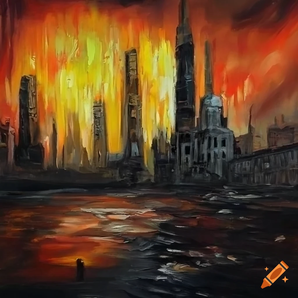 Apocalyptic wasteland city with desolate and sad atmosphere in an oil ...