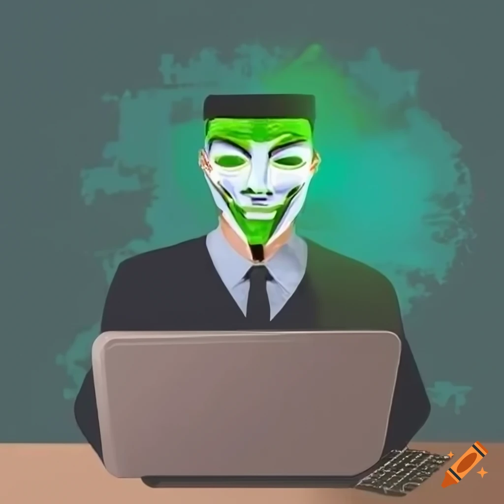 Anonymous male programmer with laptop and green hair on Craiyon
