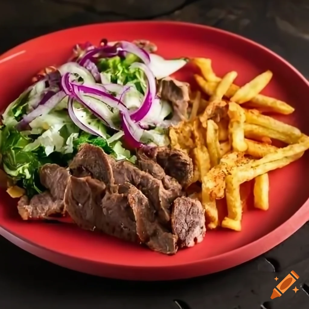 Delicious beef doner berlin kebab with crispy fries and green salad on ...