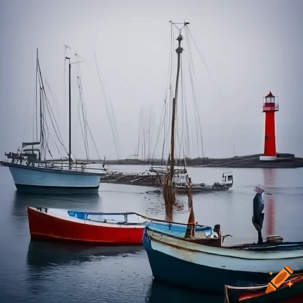 Harbour scene with fisherman offloading fish from boats onto jetty pier ...