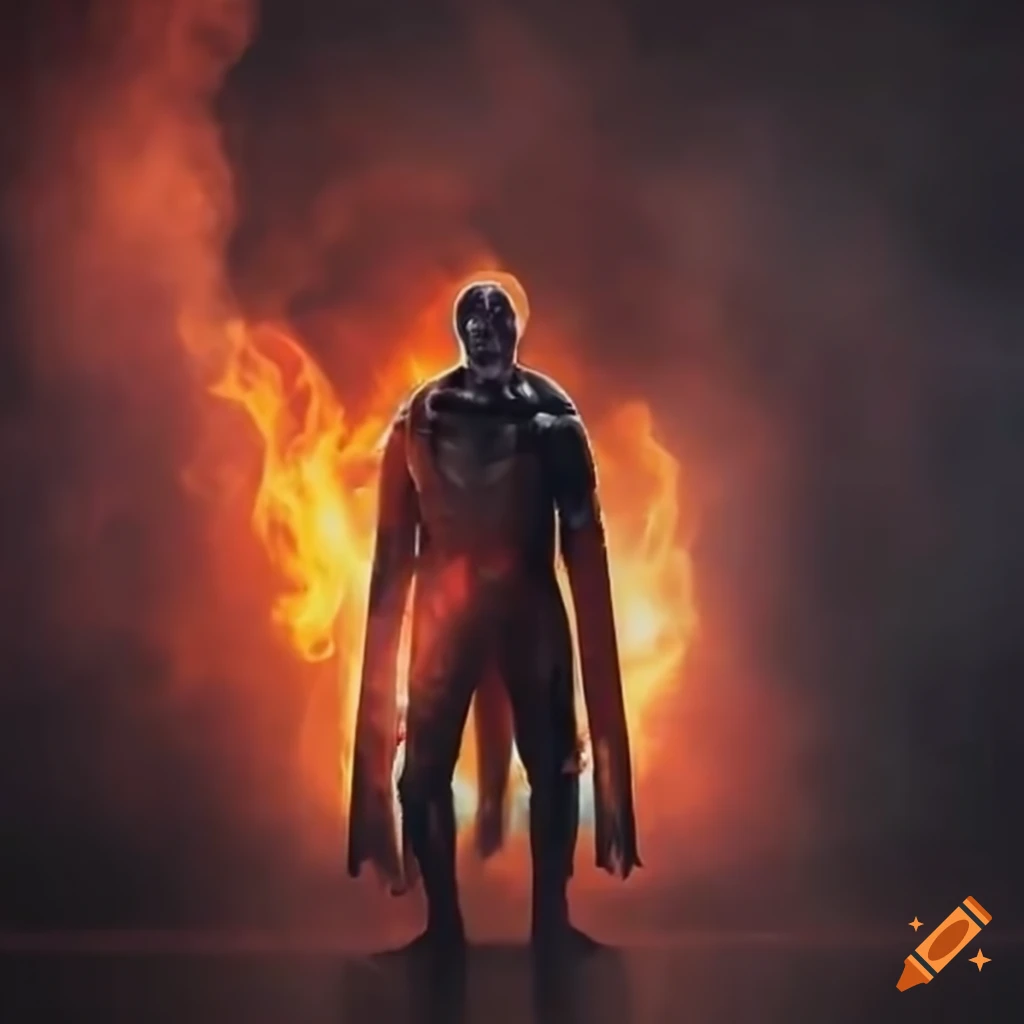 Powerful fire-based superhero in a dimly lit hallway with smoke and ...