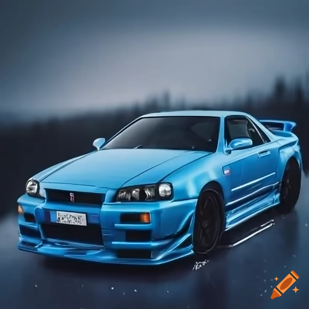 Sky blue nissan skyline gtr r34 driving in the rain on Craiyon