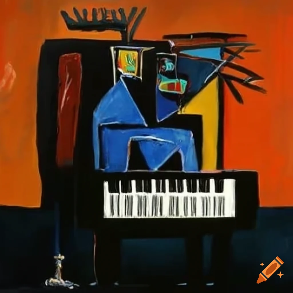 Painting of a man playing piano by pablo picasso and basquiat on Craiyon