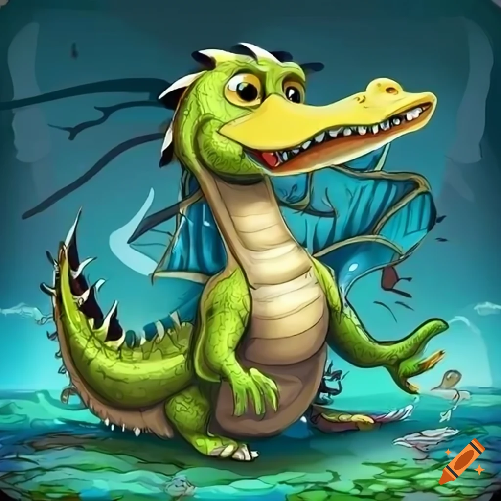 Cartoon of a duck, alligator, and dragon hybrid in a fantasy setting on ...