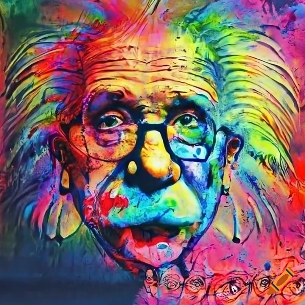 Street artists painting colorful einstein face on an old wall with ...