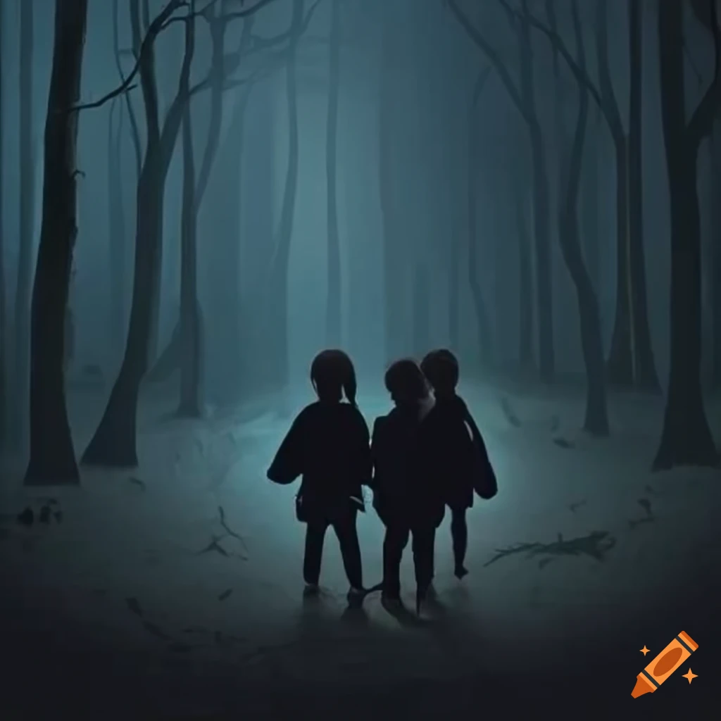 Group of children exploring a dark forest at night with lamps on Craiyon