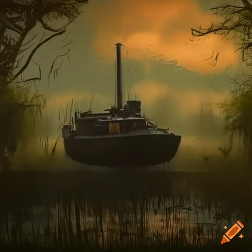Steam powered tank boat in a swamp on Craiyon