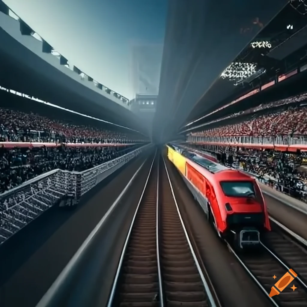 Train arriving at a stadium during a crowded game on Craiyon