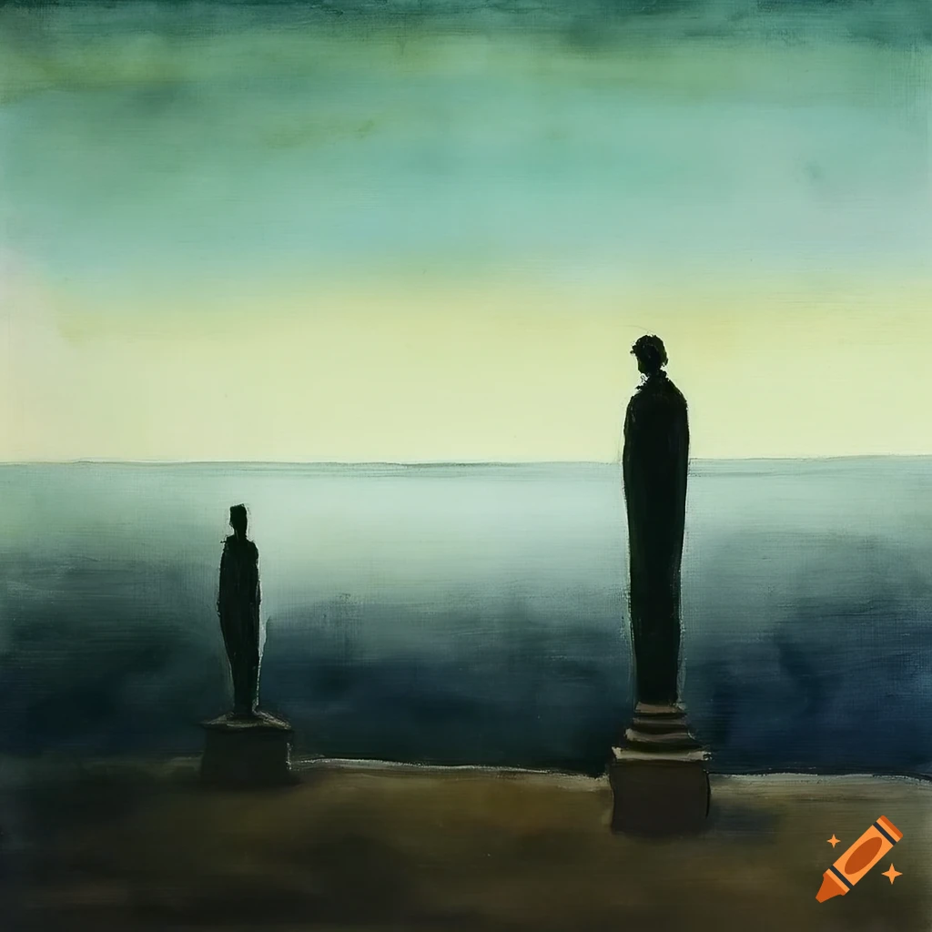 Watercolor landscape painting by rené magritte with white figure on Craiyon