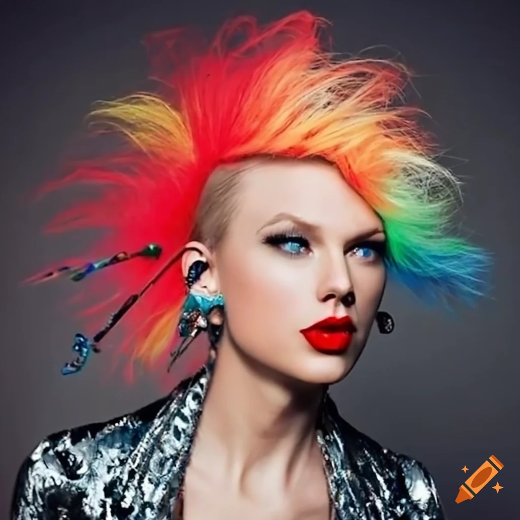 Punk rock taylor swift with safety pins and rainbow mohawk on Craiyon