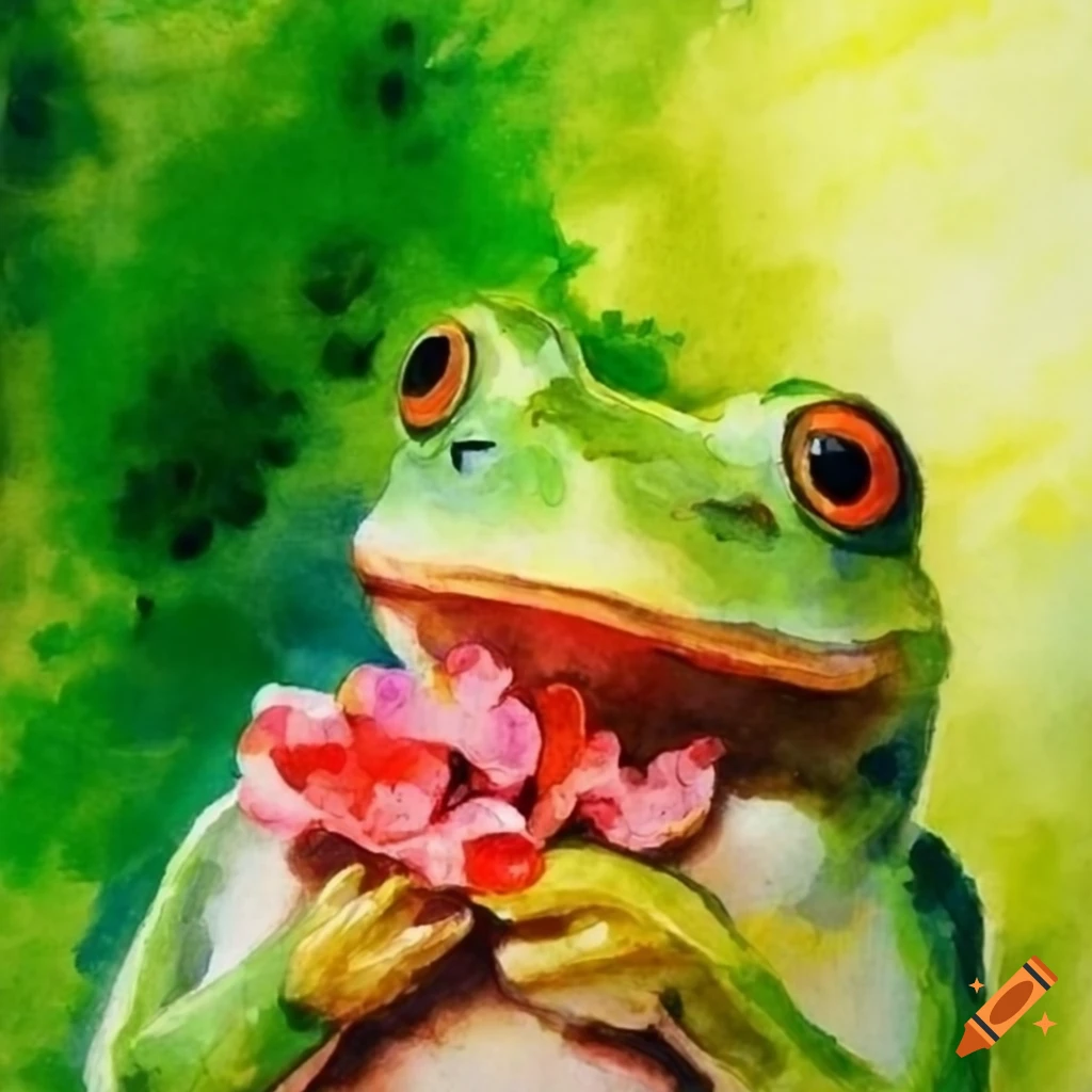 Detailed watercolor painting of a frog holding a flower on Craiyon
