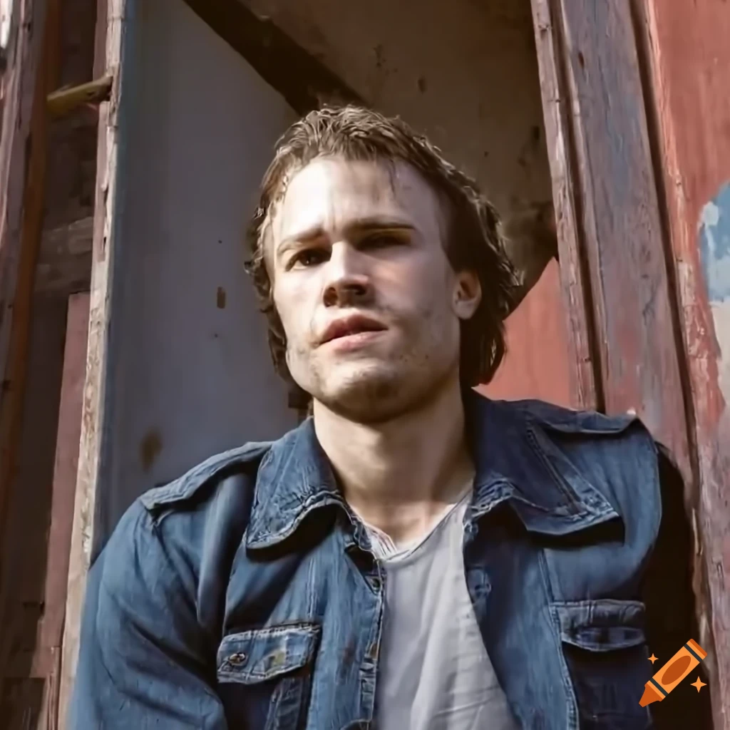 Actor with denim jacket and black leather trousers peeks through ...