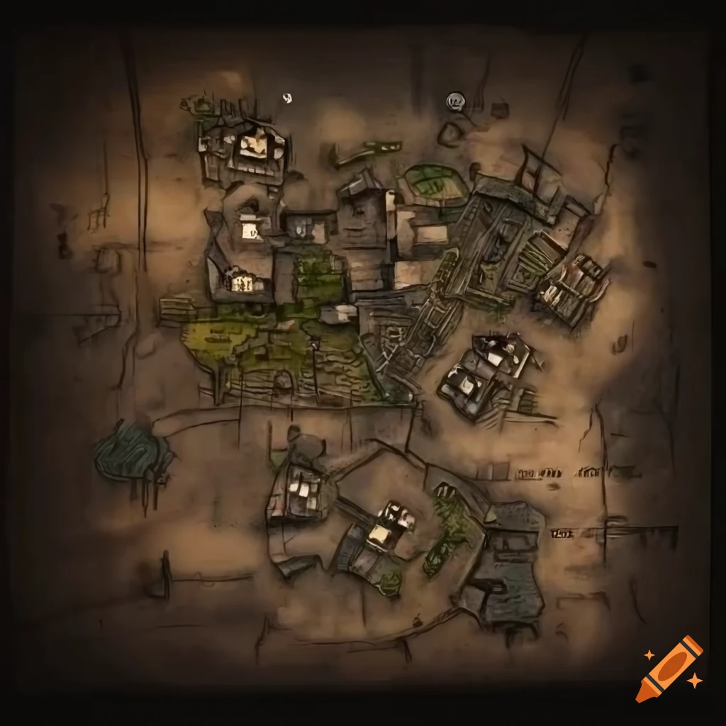 Top view of a post-apocalyptic village map with separate districts and ...