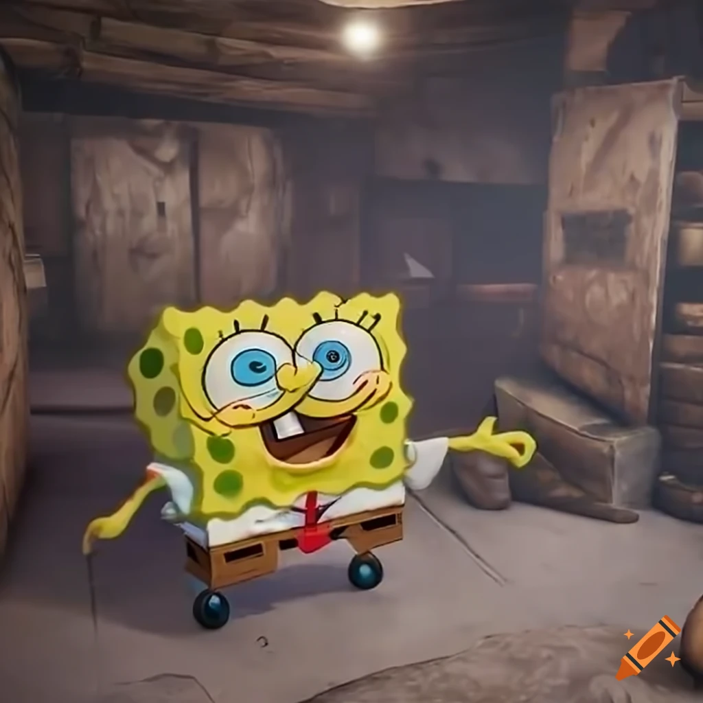Spongebob living in a bunker in unreal engine 5 on Craiyon
