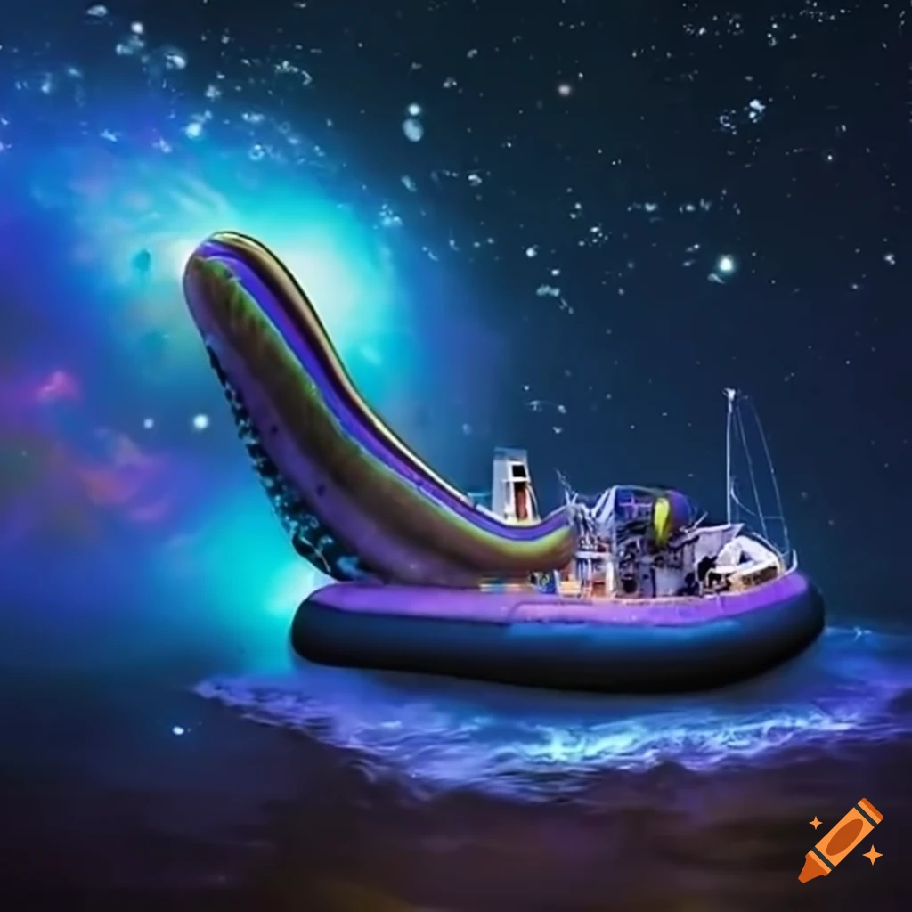 Blue and purple eels around a high-tech hovercraft in outer space on ...