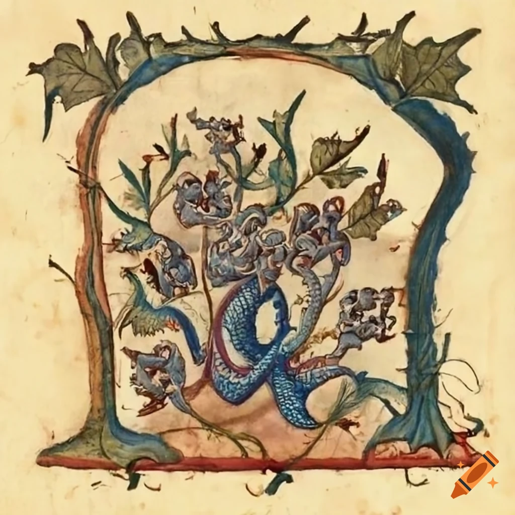 Medieval manuscript depicting vines producing dragons and orchids on ...