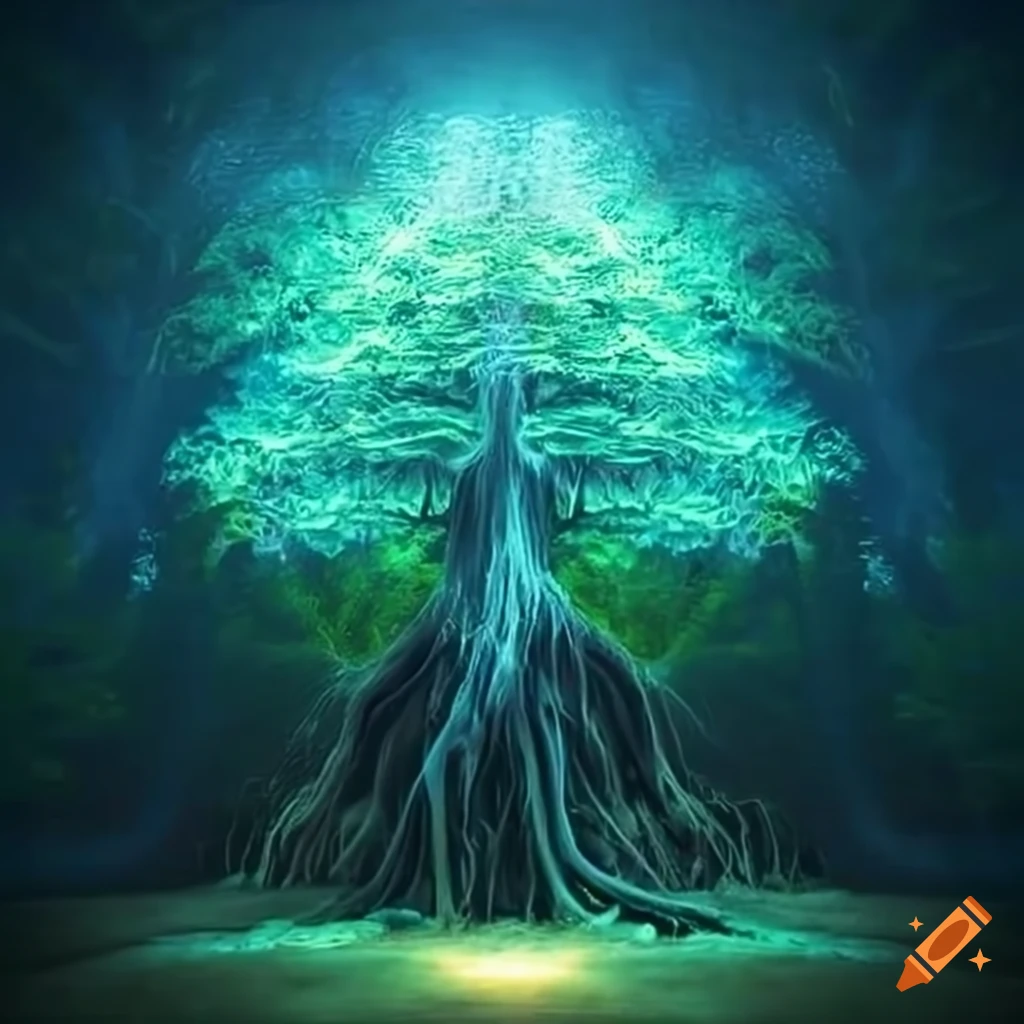 Mystical tree in tropical lighting with glowing haze on Craiyon